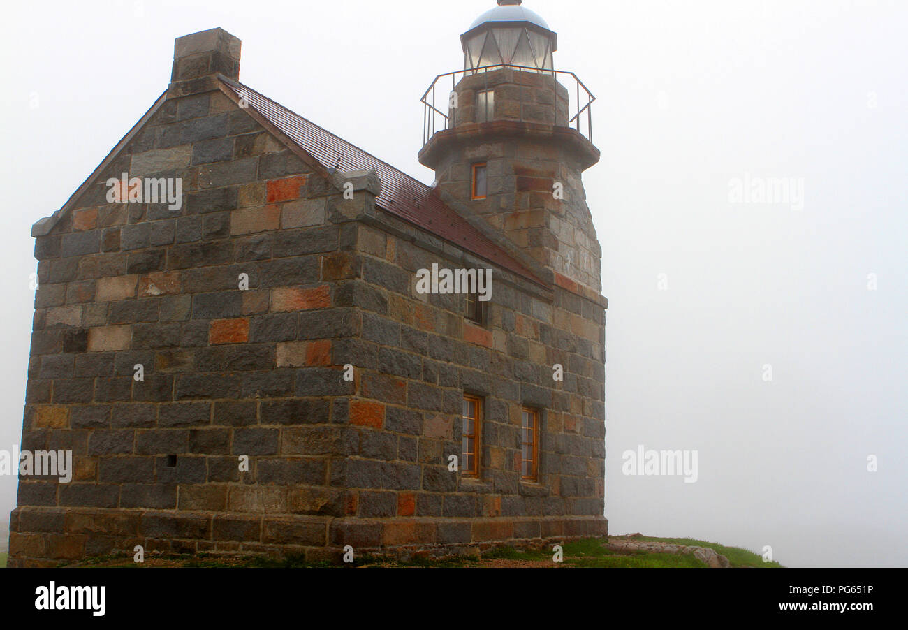 Rose Blanche Lighthouse, foggy day at Rose Blanche Harbour Stock Photo ...