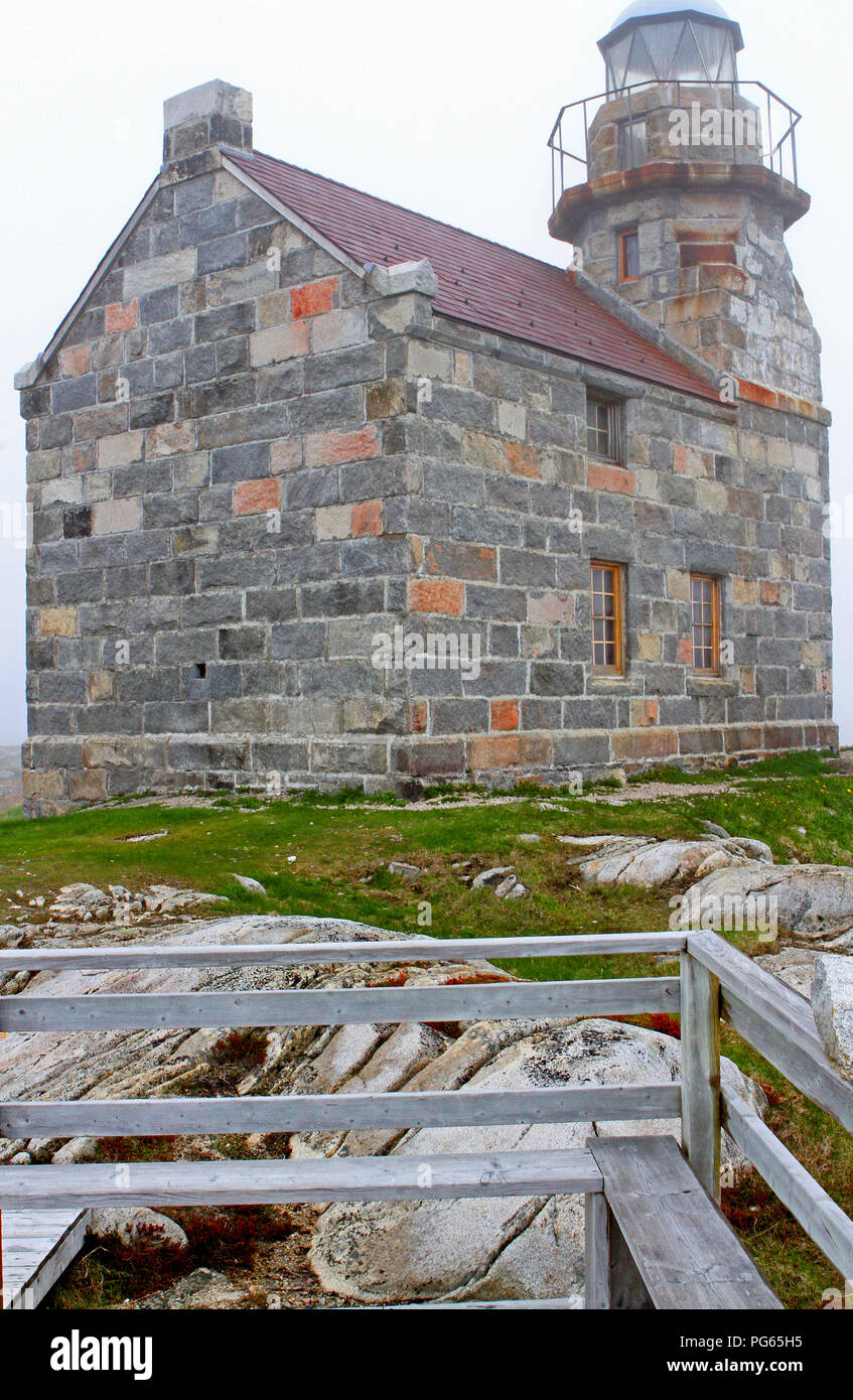Rose Blanche Lighthouse, foggy day at Rose Blanche Harbour Stock Photo ...
