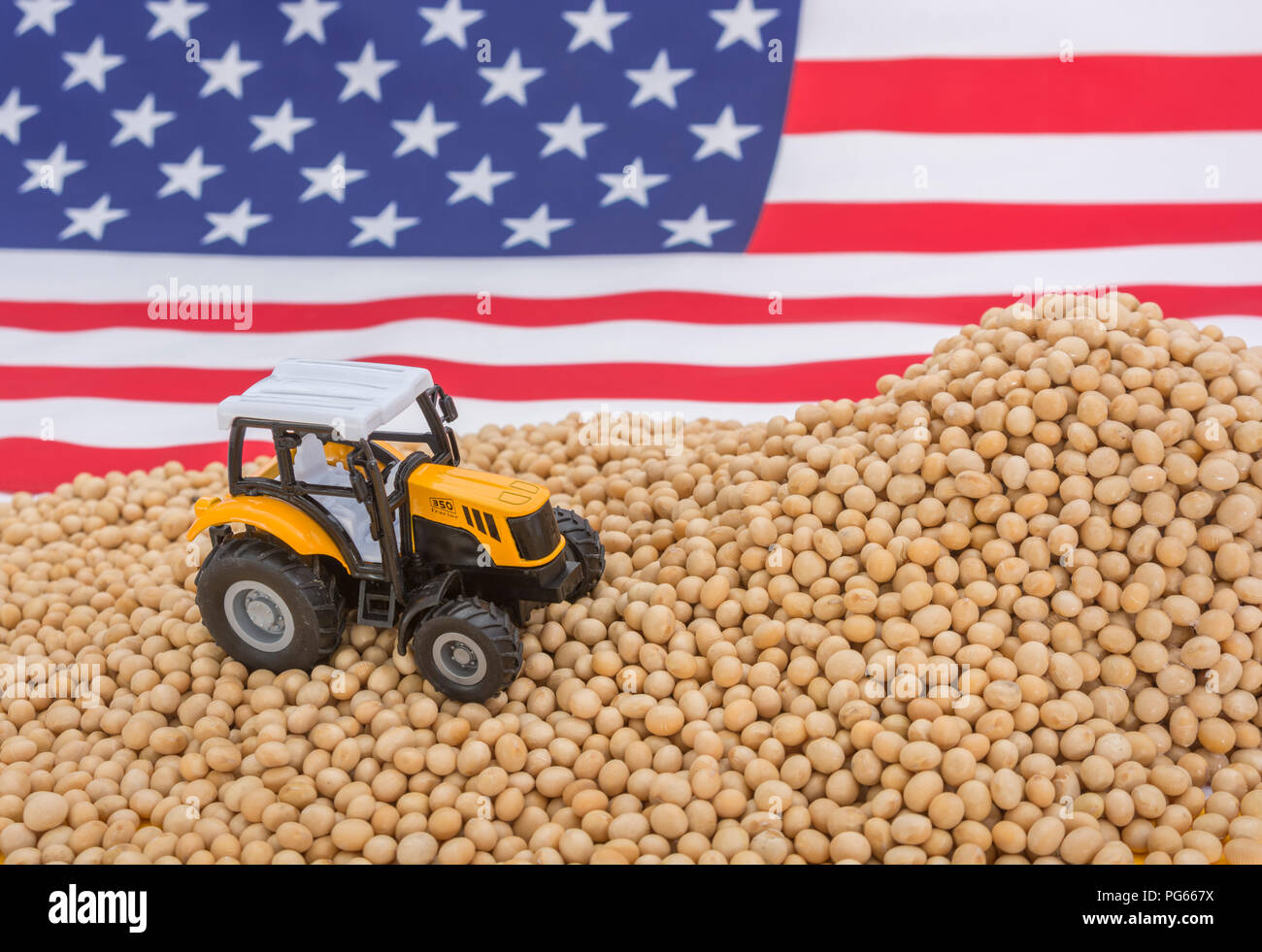 American flag with piled soybeans. Metaphor US-China trade war, China ...