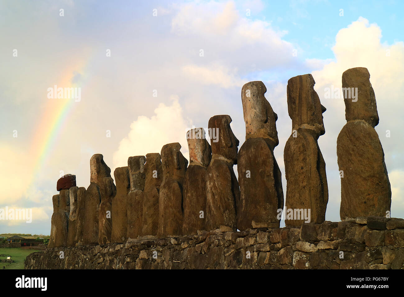 Amazing view of the back of 15 huge Moai statues of Ahu Tongariki with ...
