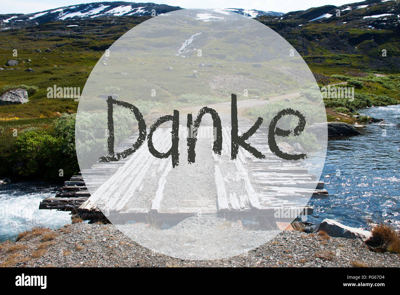 Bridge In Norway Mountains, Danke Means Thank You Stock Photo - Alamy