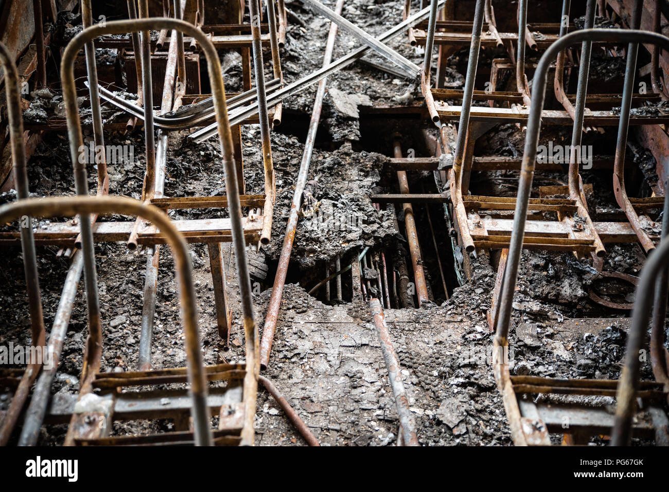Burned bus, inside. Consequences of a fire, emergency, an accident ...