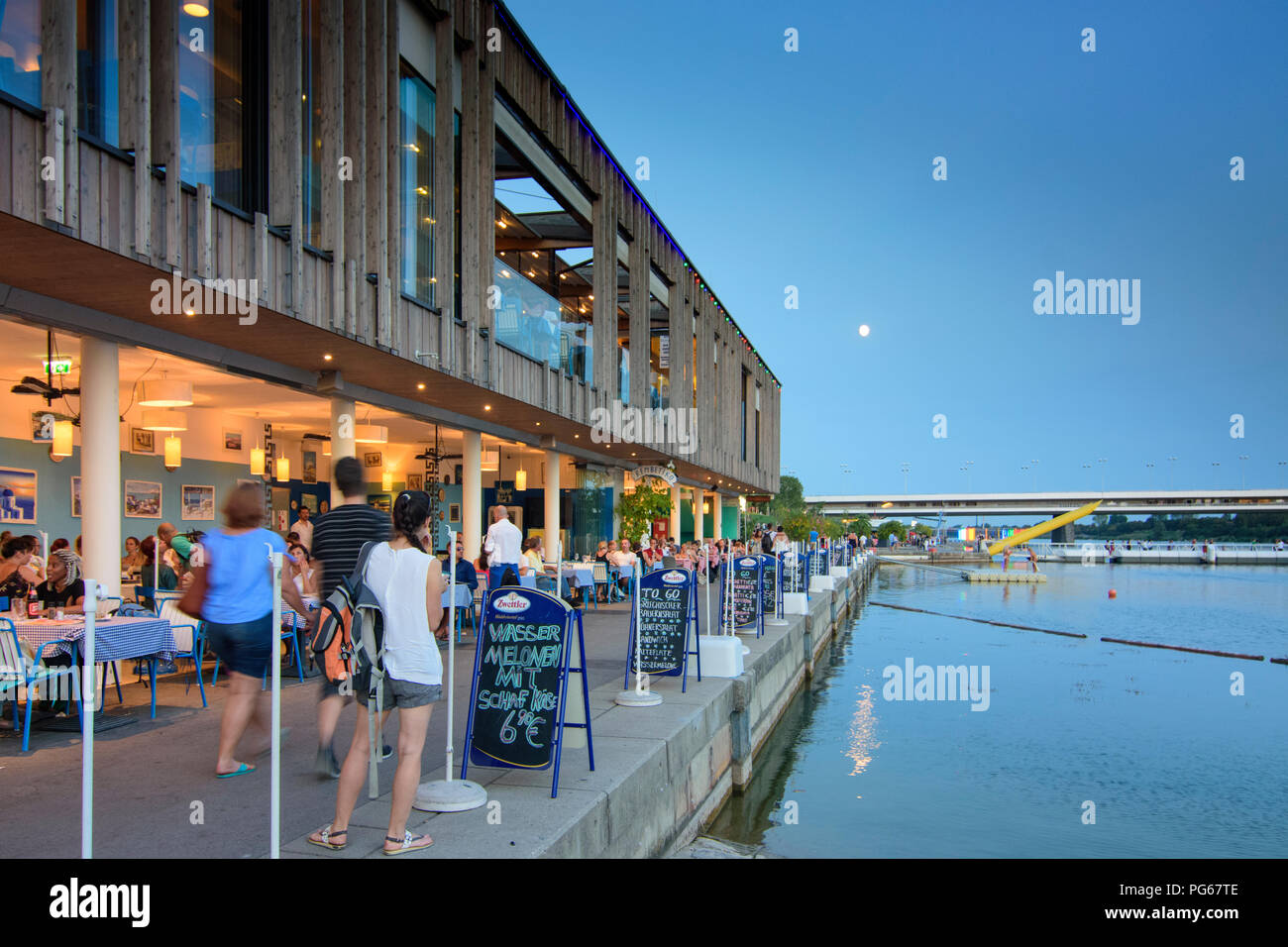 Wien, Vienna: restaurant at pleasure area „Copa Cagrana“, river Neue ...