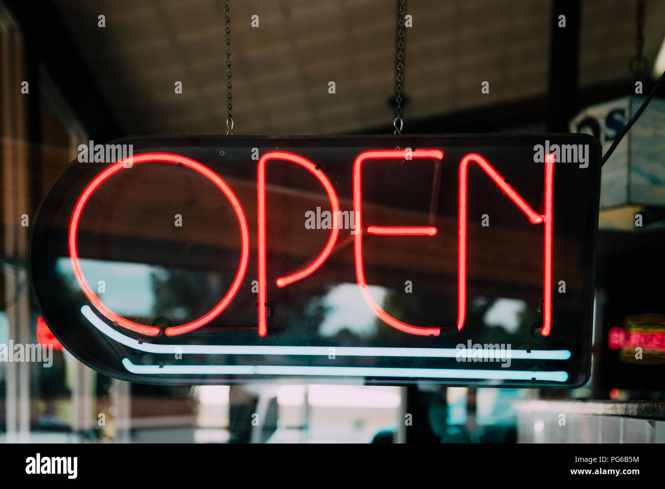United States, neon advertising for open fast food restaurant Stock ...
