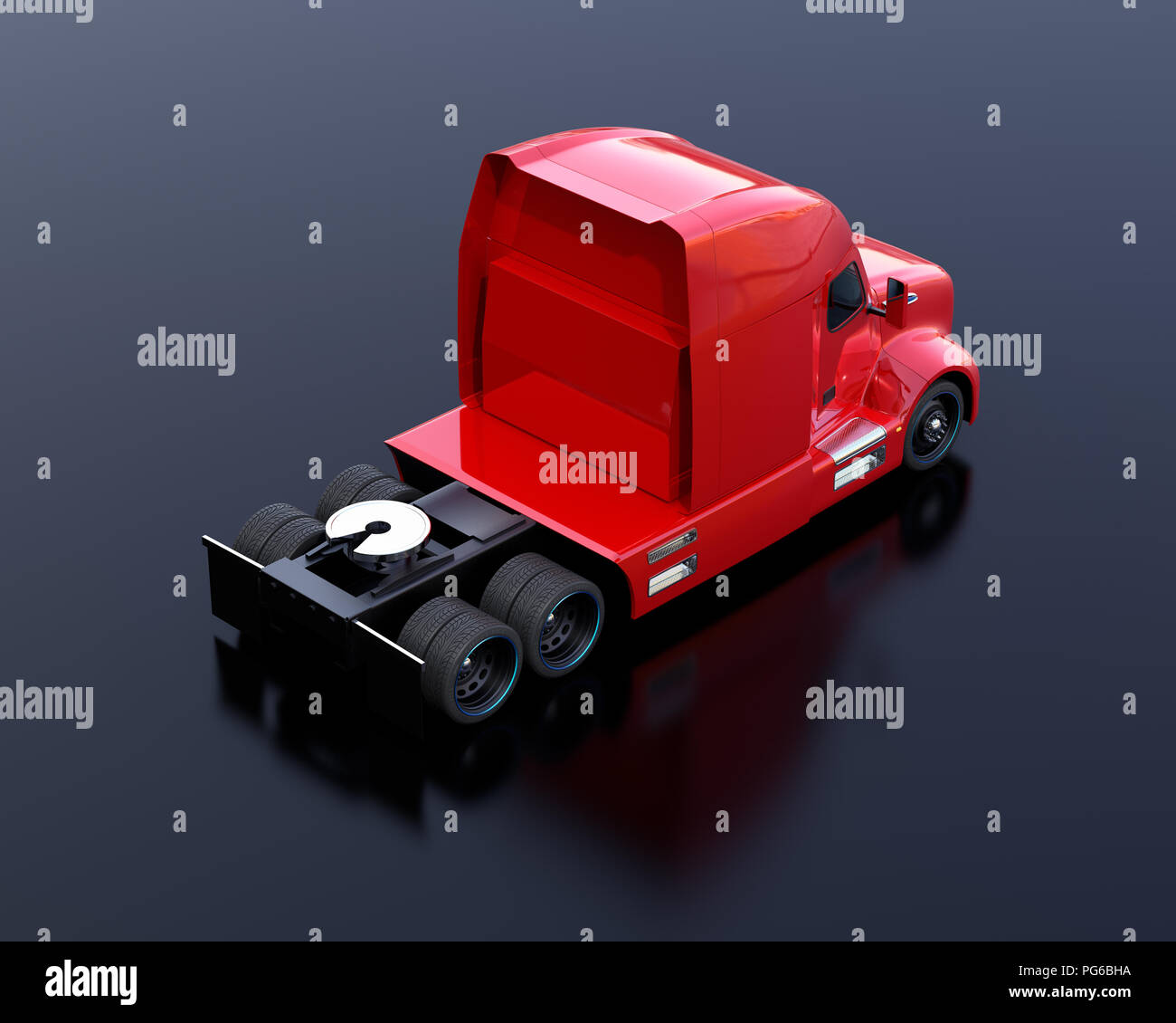 Rear view of fuel cell powered American truck cabin on black background ...