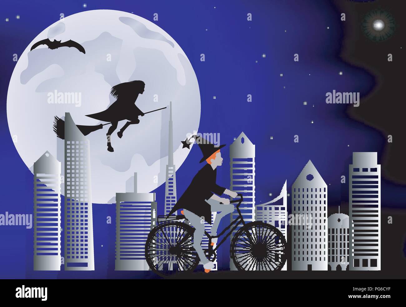 Vector illustration of a witch riding a bike around the city and the ...