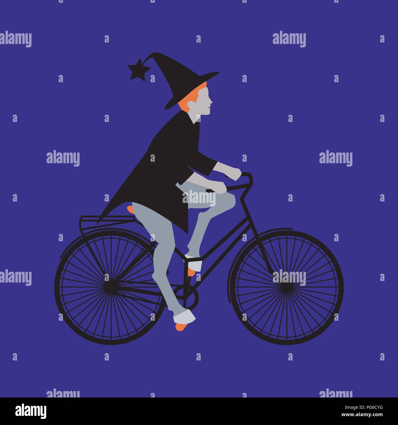 Vector illustration of a witch riding a bicycle on Halloween, flat ...