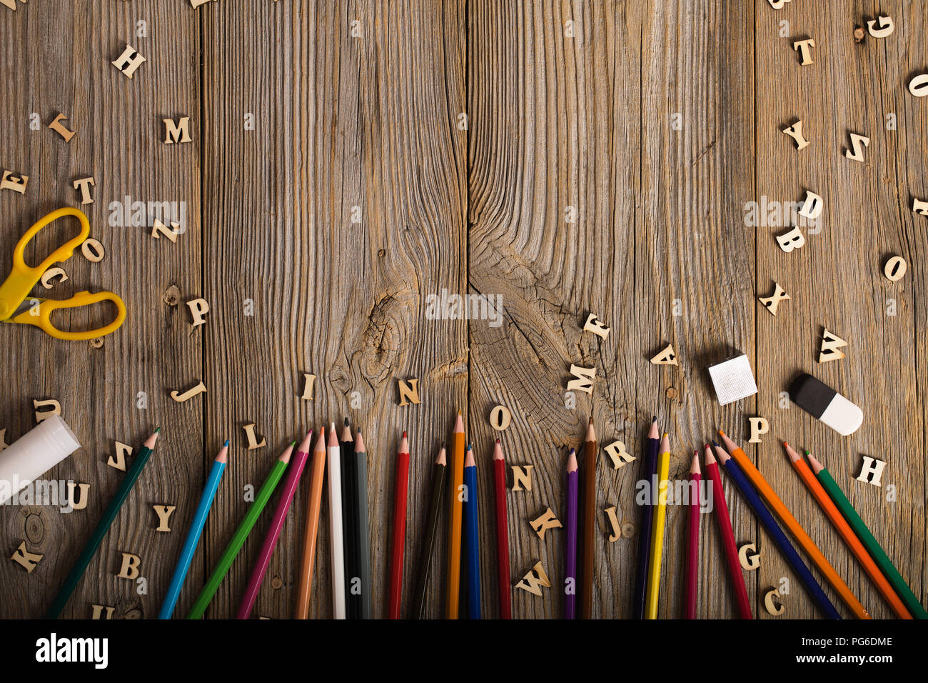 Back to school colorful background. Overhead perspective Stock Photo ...