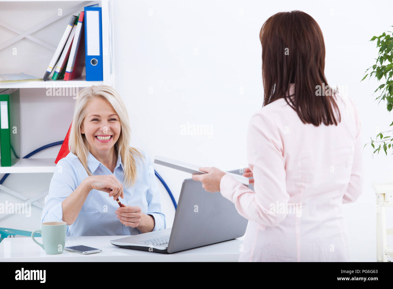 Two managers working on laptop in office. People at work Stock Photo ...