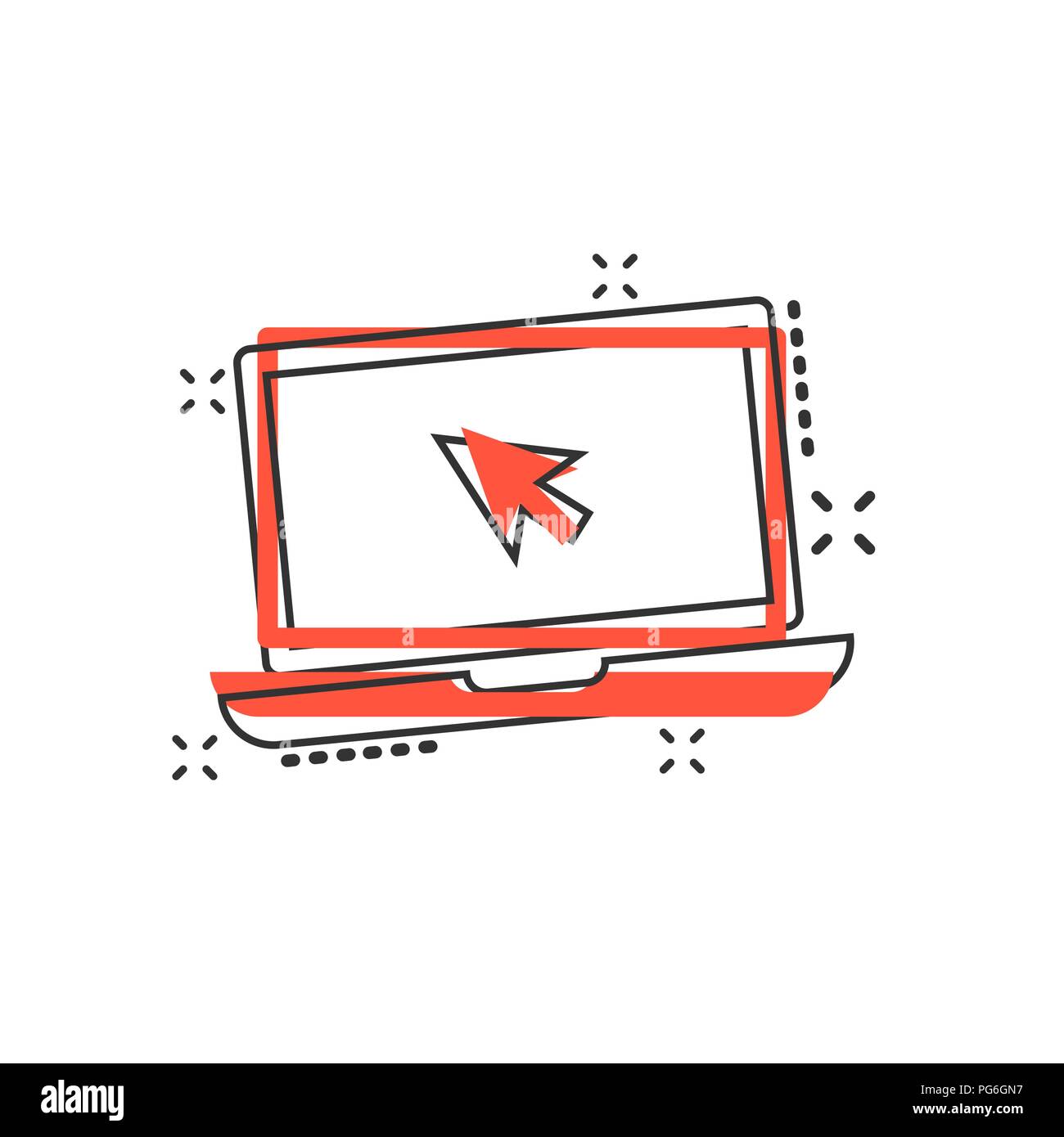 Vector cartoon laptop notebook with mouse cursor icon in comic style ...