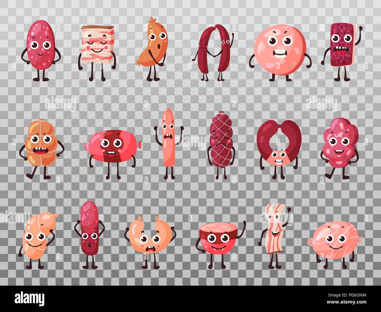 Isolated meat food as cartoon meat characters. Salami and frankfurter ...