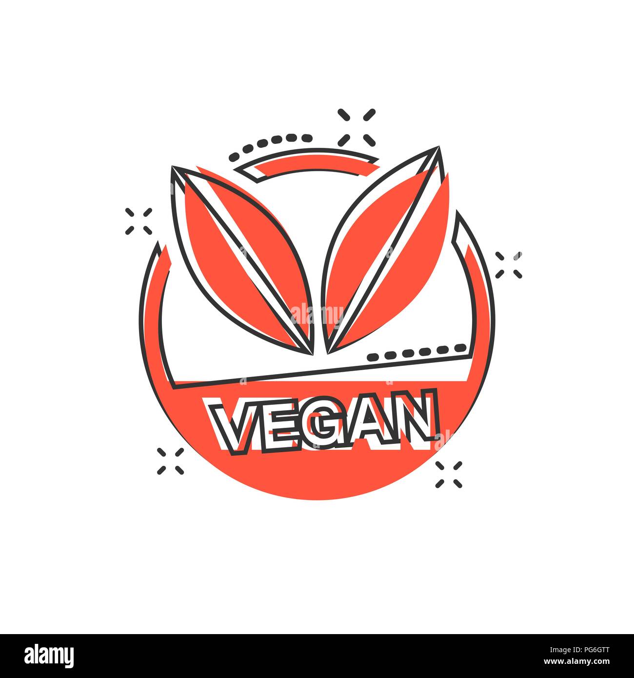 Vector cartoon vegan label badge icon in comic style. Vegetarian stamp ...