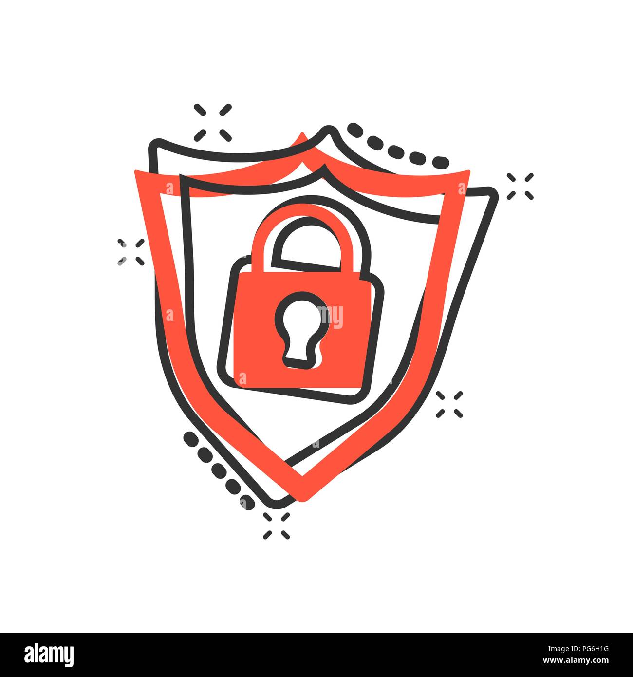 Vector cartoon lock with shield security icon in comic style. Padlock ...