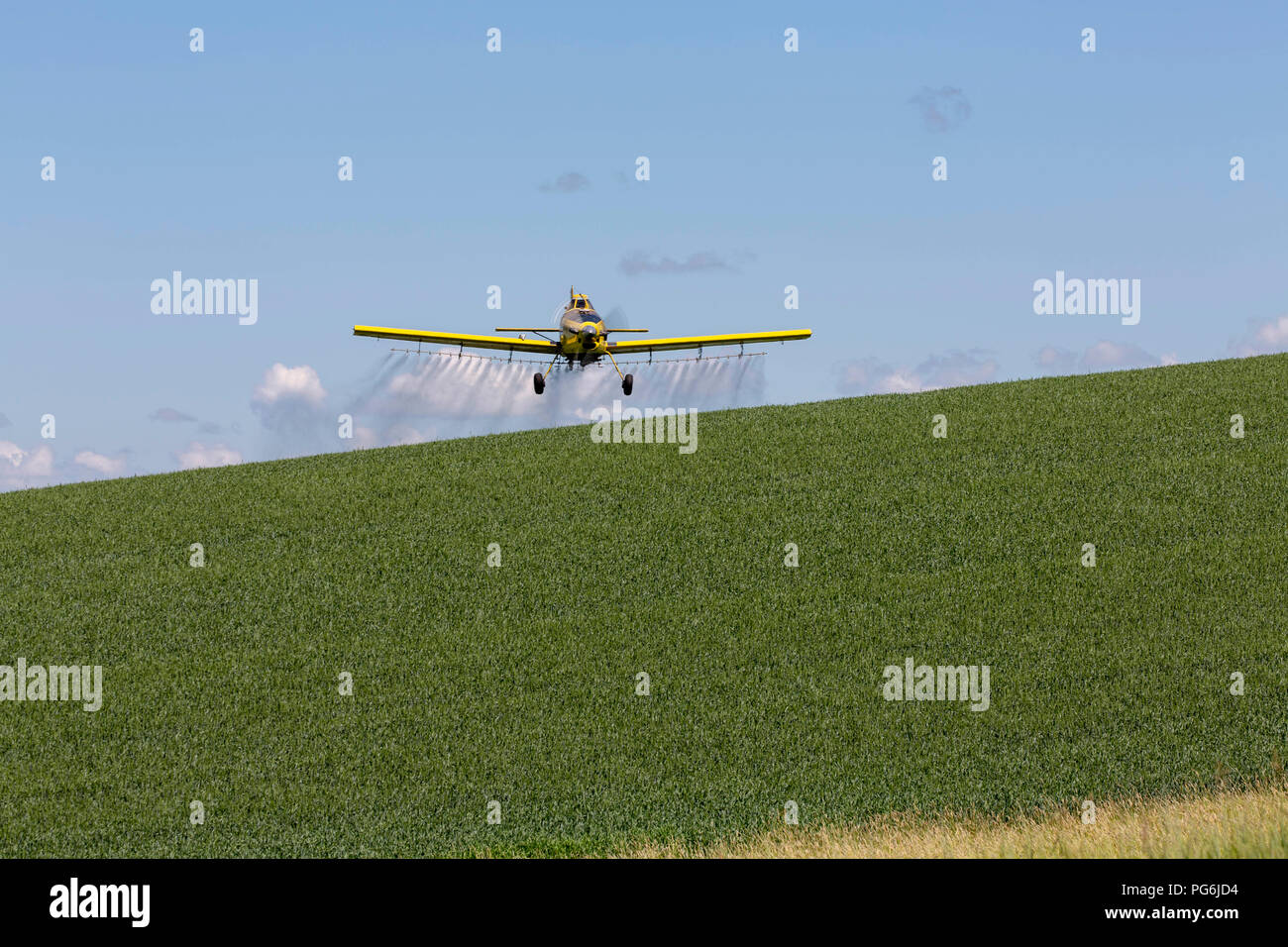 Crop duster plane flying and spraying over crops in the Palouse region ...