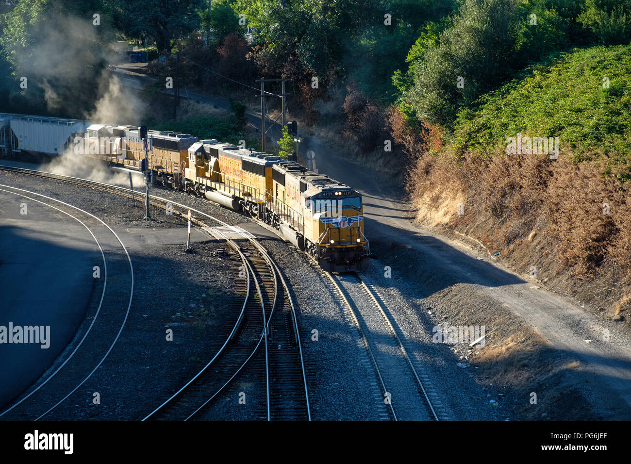 Union Pacific Freight train passing through downtown Portland, Oregon ...