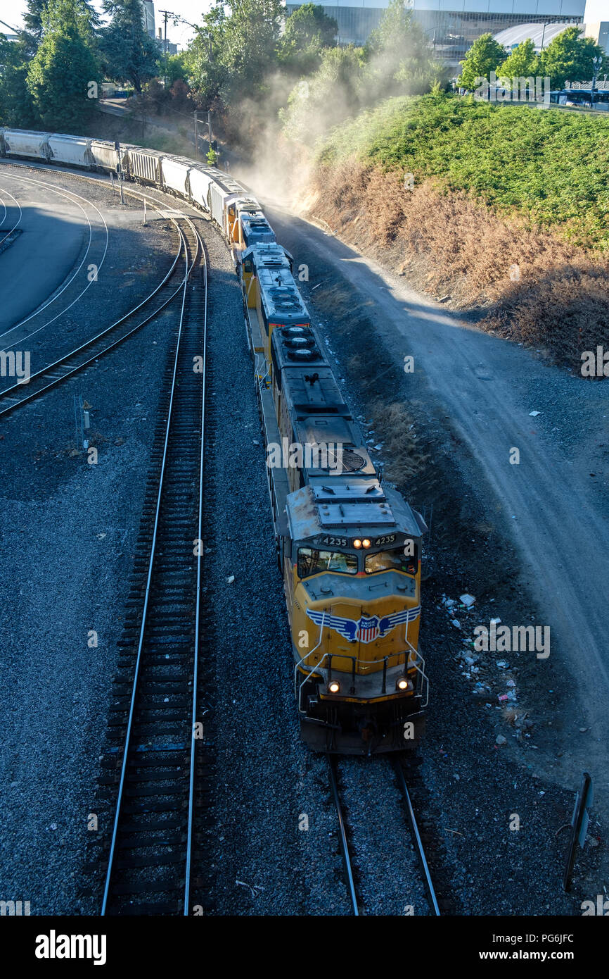 Union Pacific Freight train passing through downtown Portland, Oregon ...