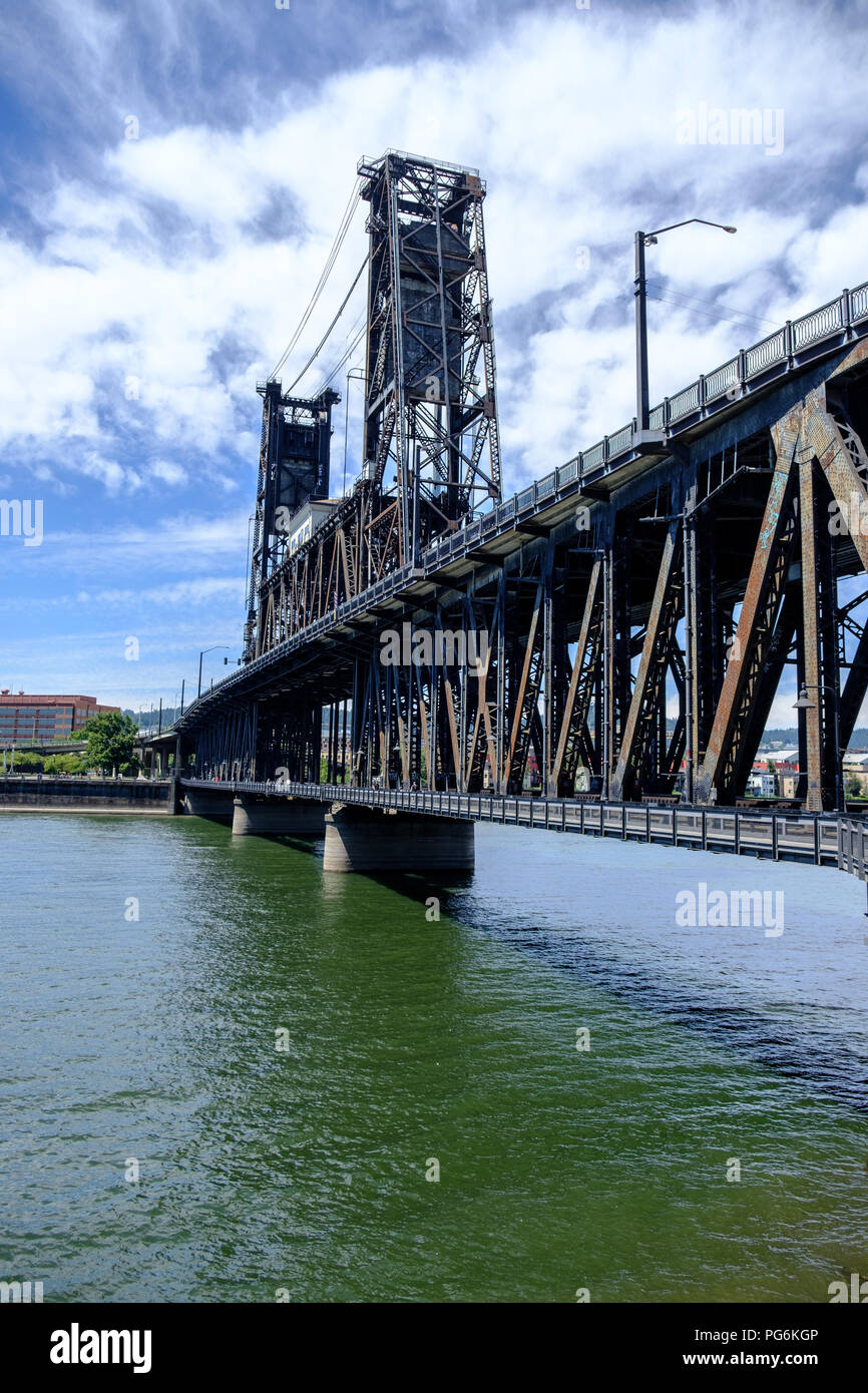 The Steel Bridge over the Willamette River with lower deck raised to ...