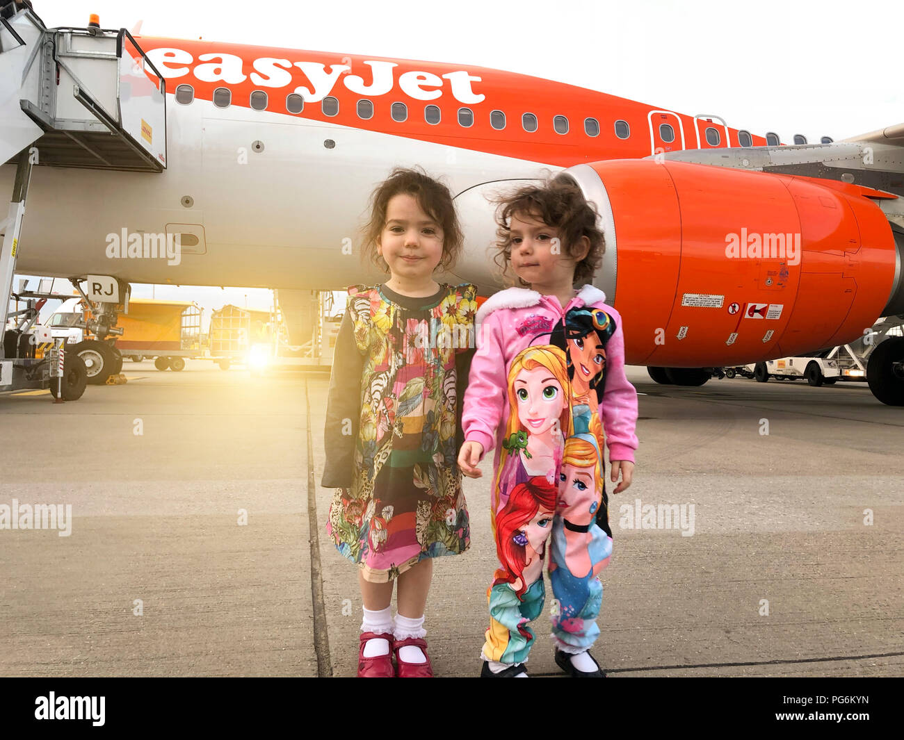 Young girls on an Easy Jet flight Stock Photo - Alamy