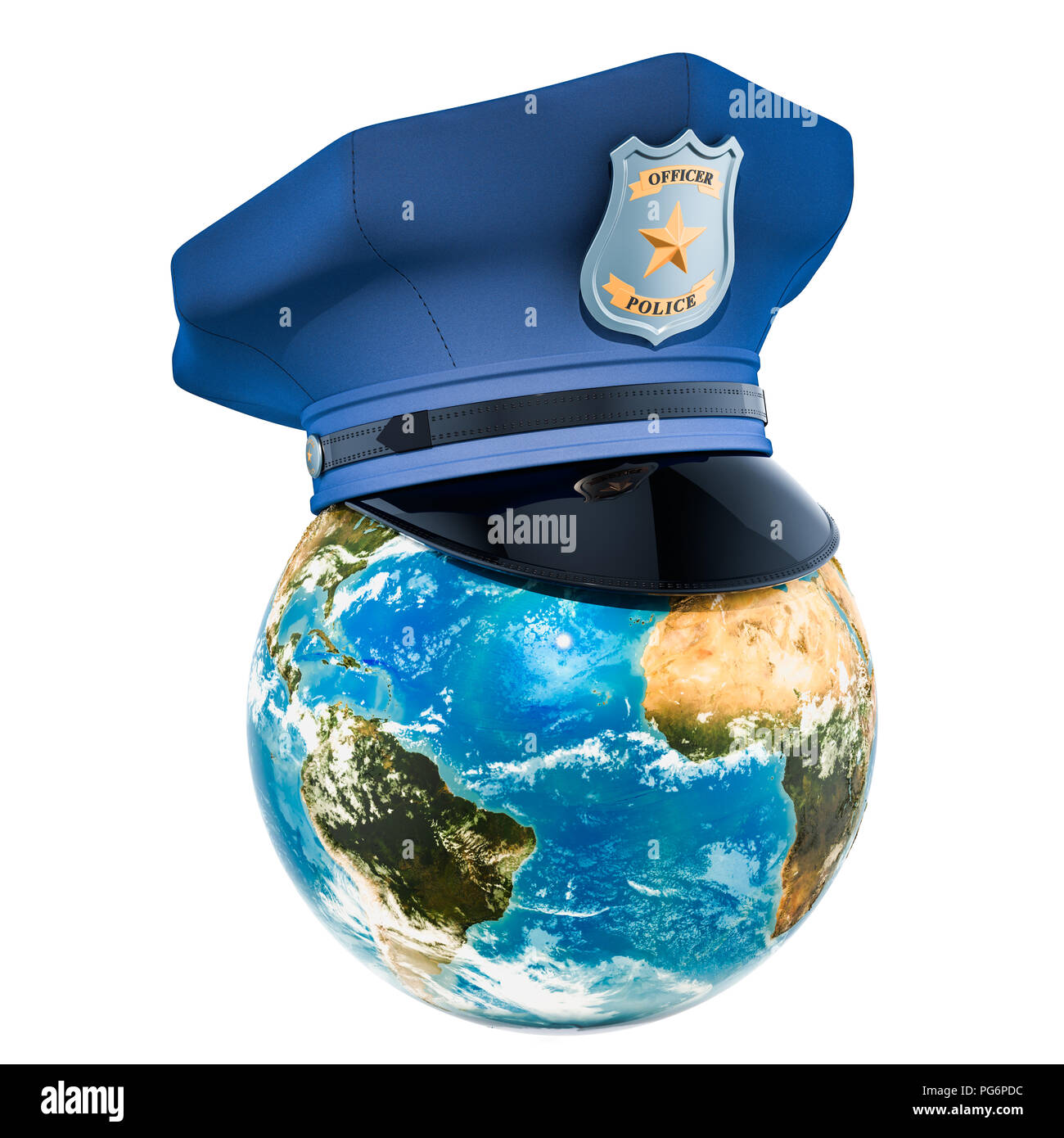 Earth Globe with police cap. 3D rendering isolated on white background ...
