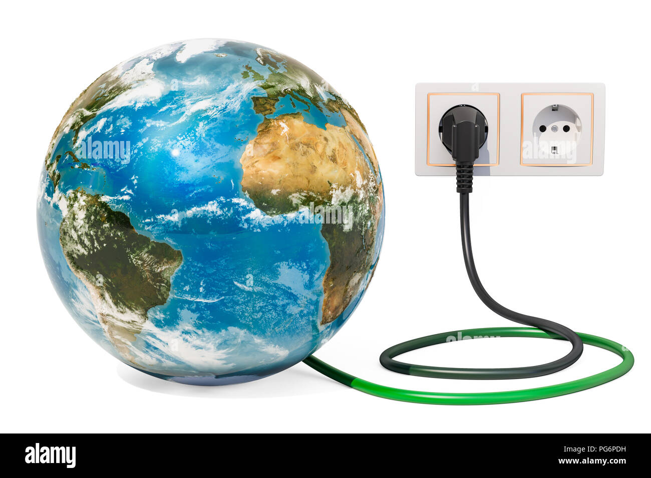 Earth Globe with power plug into electrical socket. Green energy ...