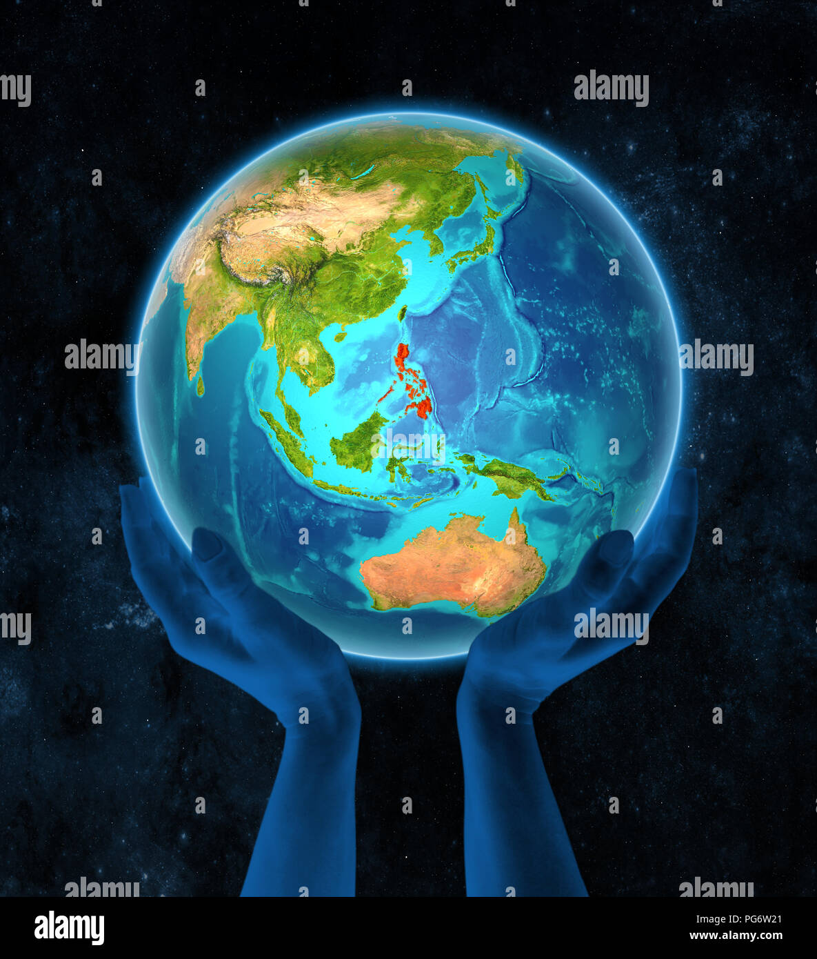 Philippines in red on globe held in hands in space. 3D illustration Stock Photo - Alamy