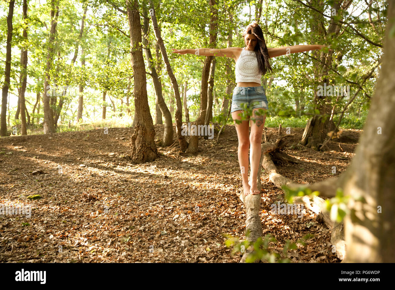 Young woman in forest balancing on a log Stock Photo - Alamy