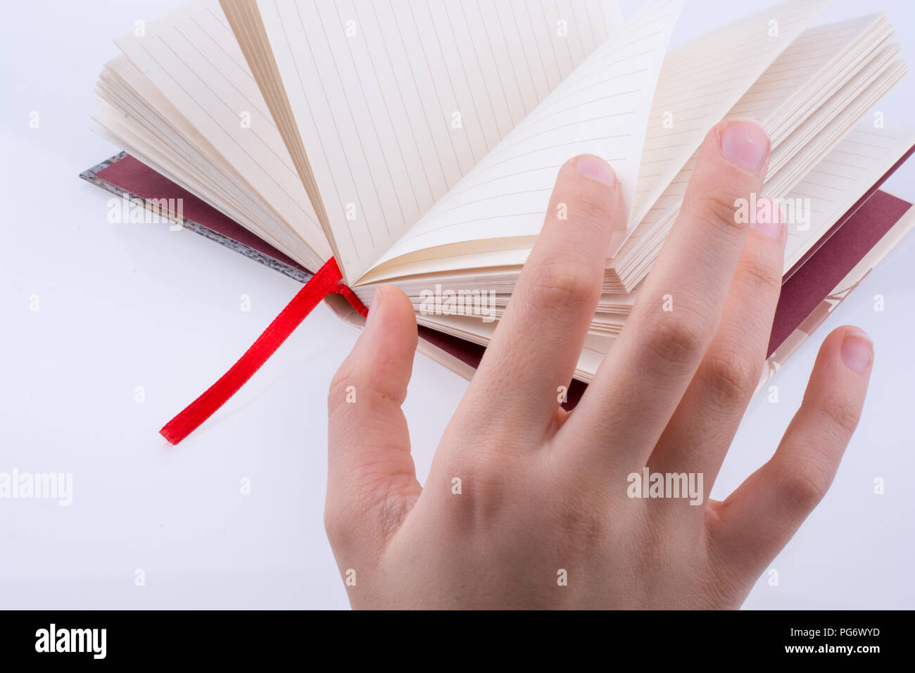 Hand holding a notebook on a white background Stock Photo - Alamy