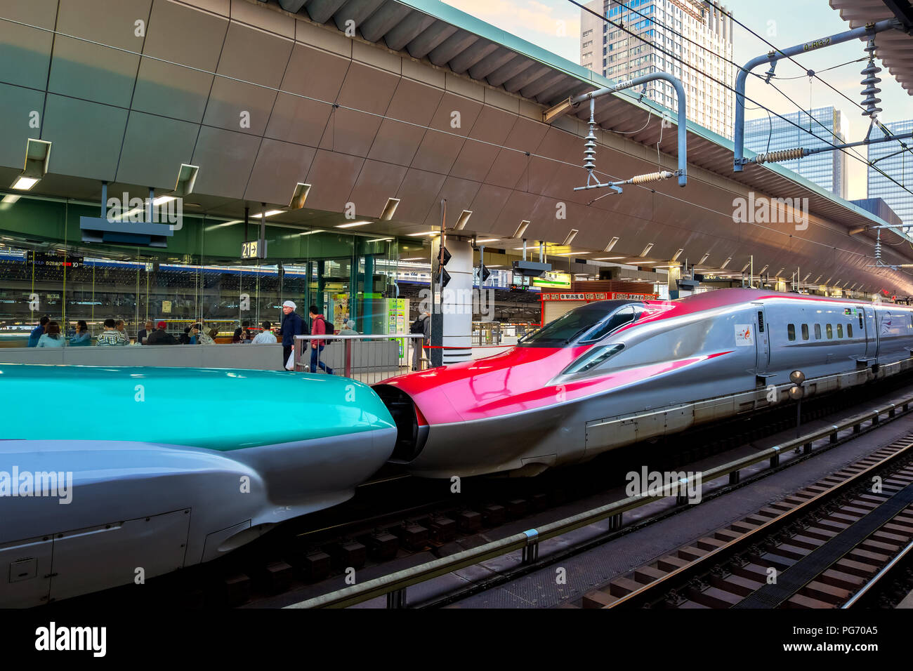 TOKYO, JAPAN - APRIL 21 2018: Japanese Shinkansen high speed train Hayabusa (left) and Komachi ...