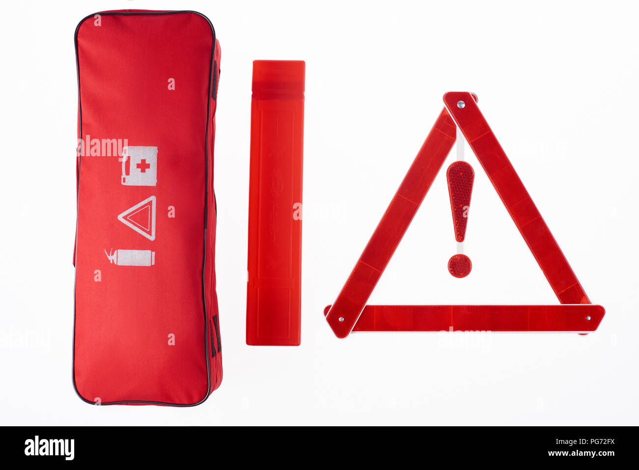 top view of red warning triangle and handbag isolated on white Stock ...