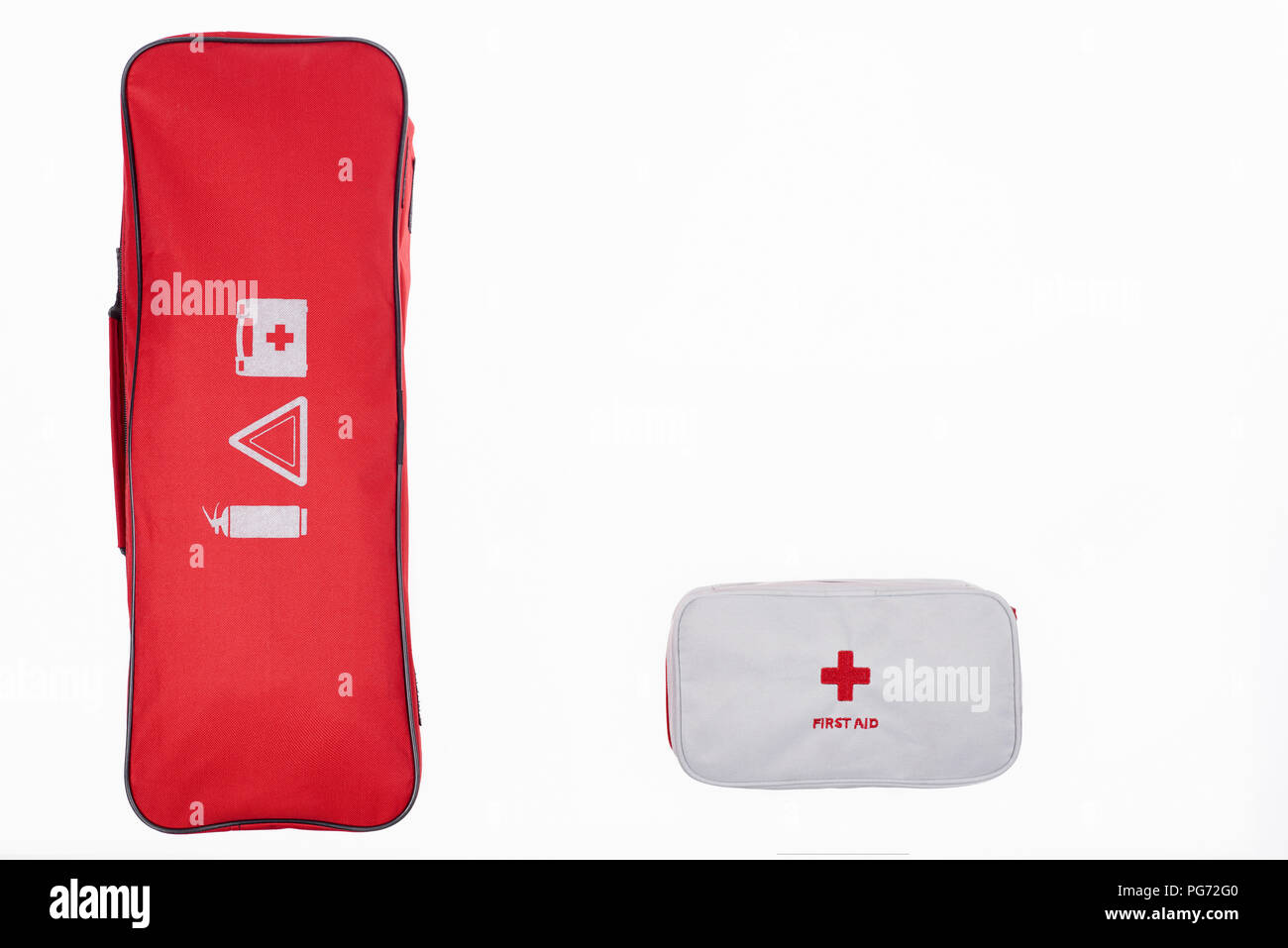 flat lay with automotive handbag and first aid kit isolated on white ...