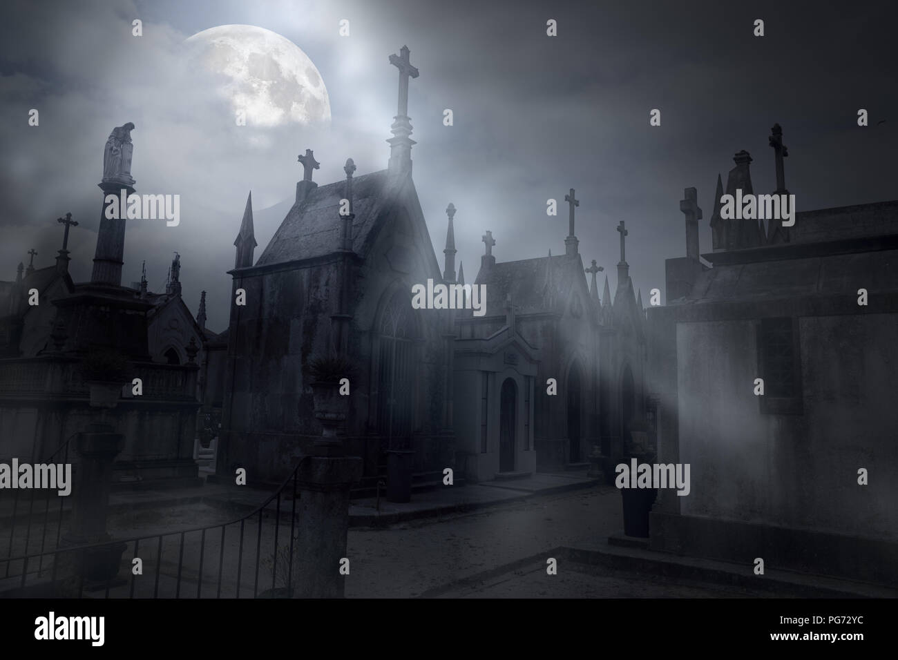 Old european cemetery in a foggy full moon night Stock Photo - Alamy