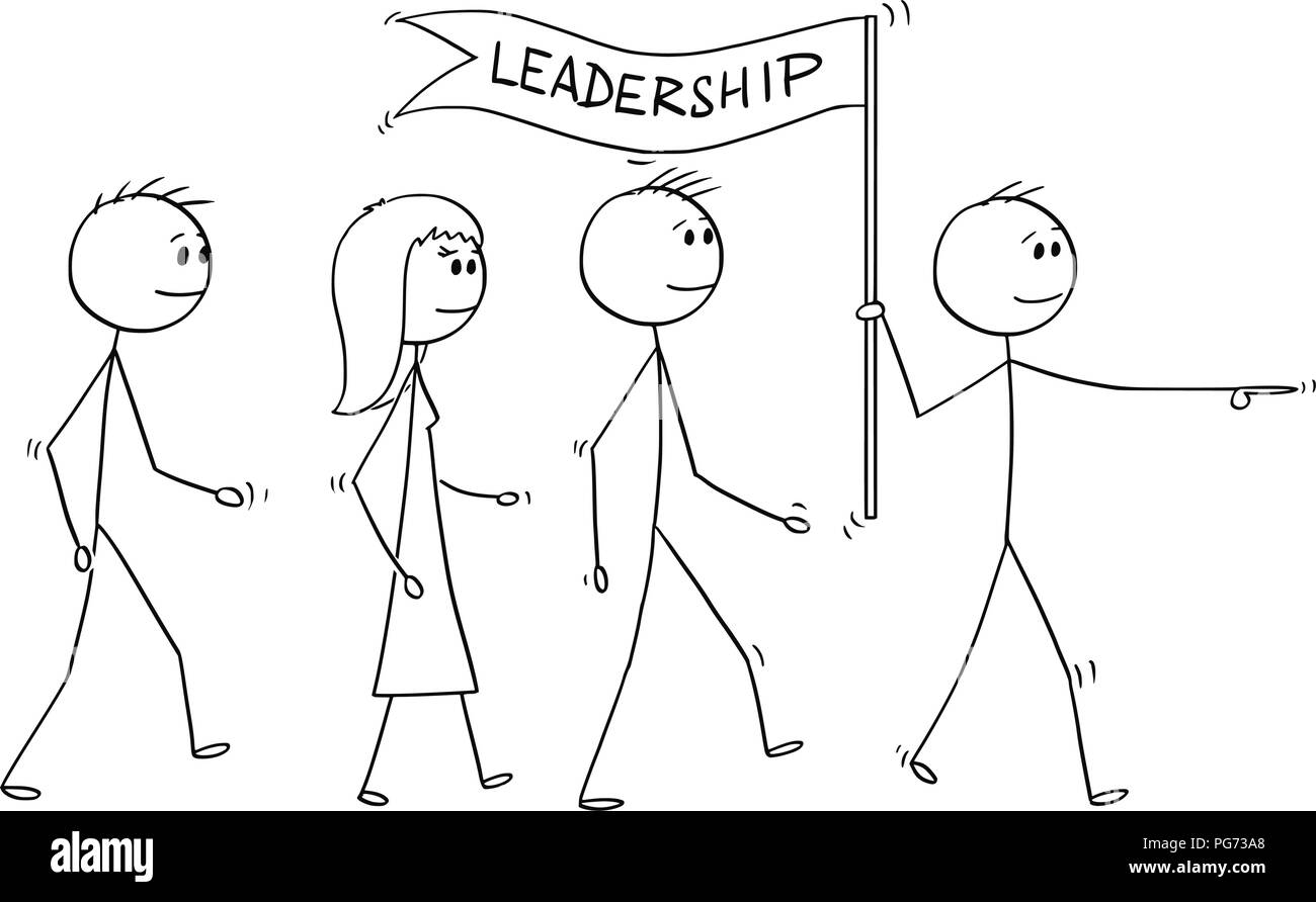Cartoon of Leader With Leadership Flag Leading a Team of Business ...