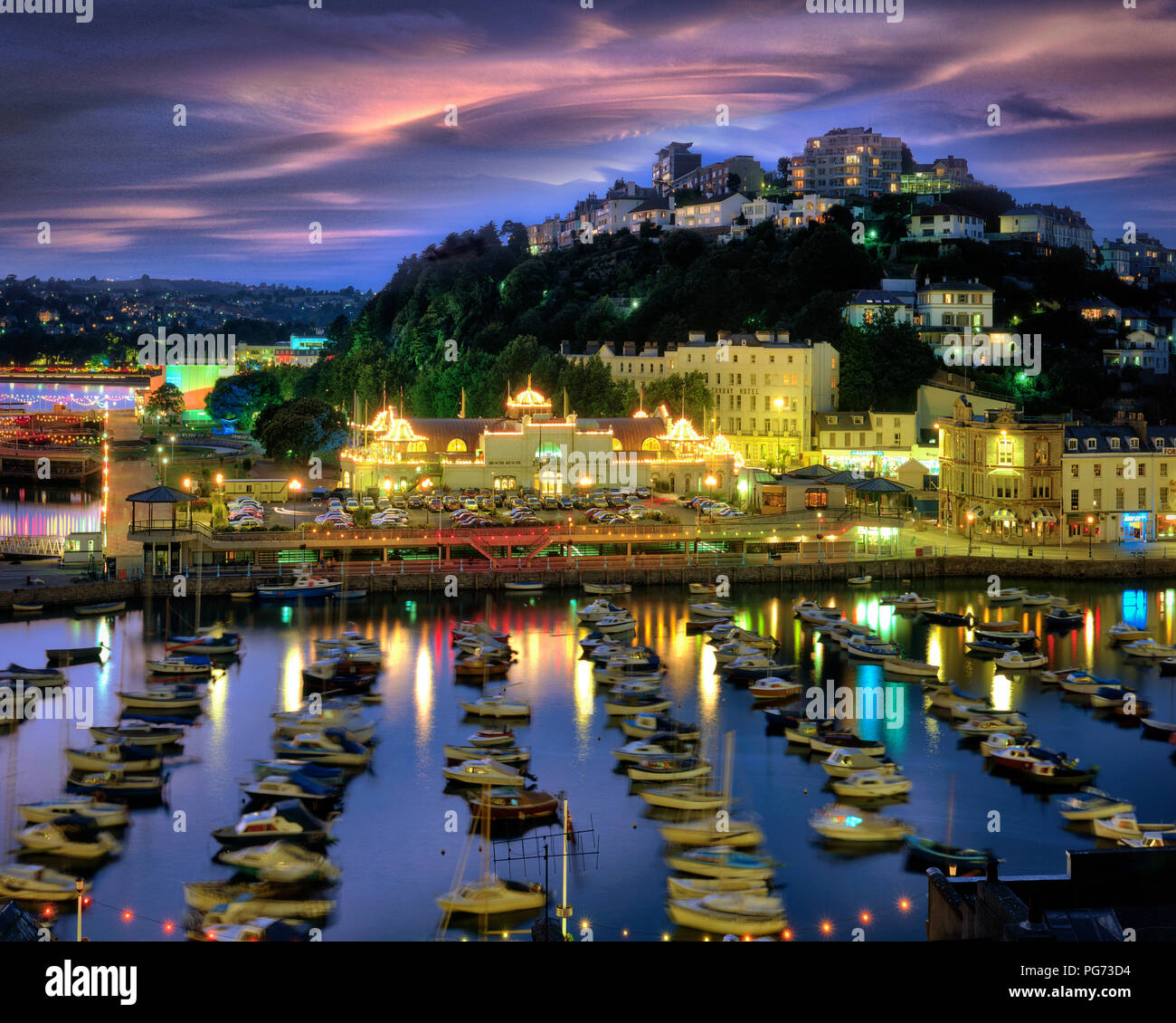GB - DEVON: Torquay Harbour and Town by night Stock Photo - Alamy