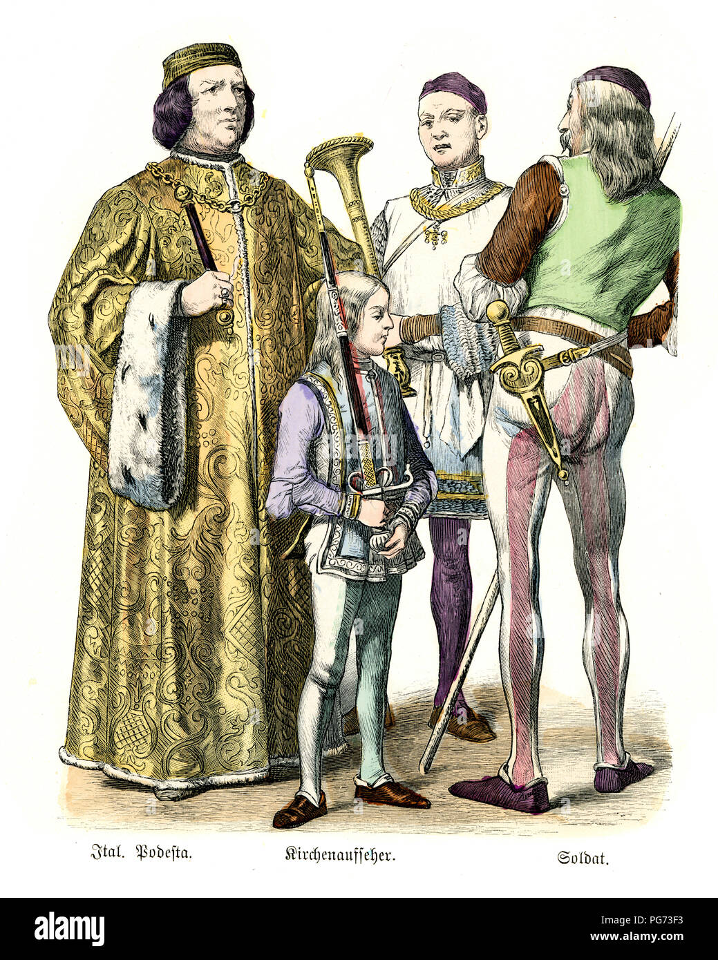 Fashion of 15th Century Italy. Podesta (chief magistrate), Church guard ...