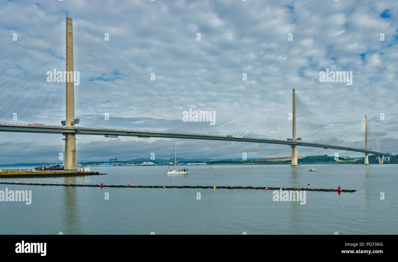 NEW FORTH ROAD BRIDGE QUEENSFERRY CROSSING WITH WHITE YACHT UNDER THE ...