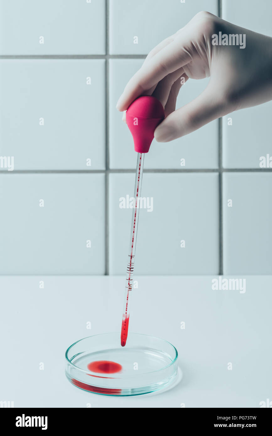 cropped shot of doctor pouring blood from pipette into petri dish Stock ...