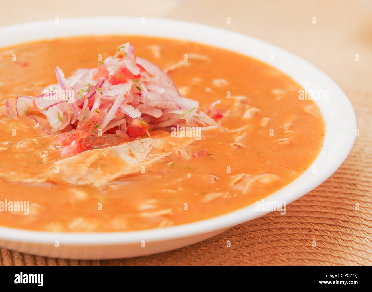 Close up of delicious encebollado fish stew from Ecuador traditional ...
