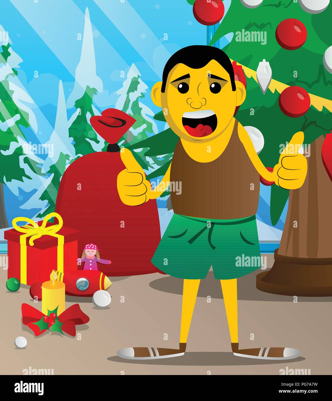 Yellow man making thumbs up sign with two hands. Vector cartoon ...