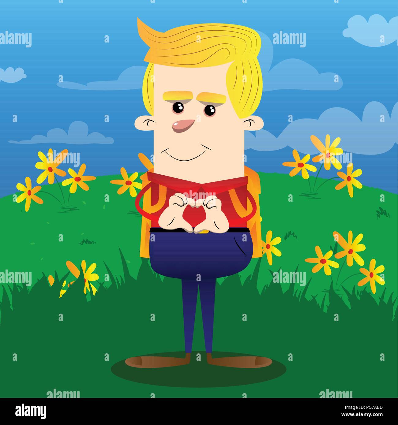 Schoolboy with heart shape hand gesture. Vector cartoon character ...