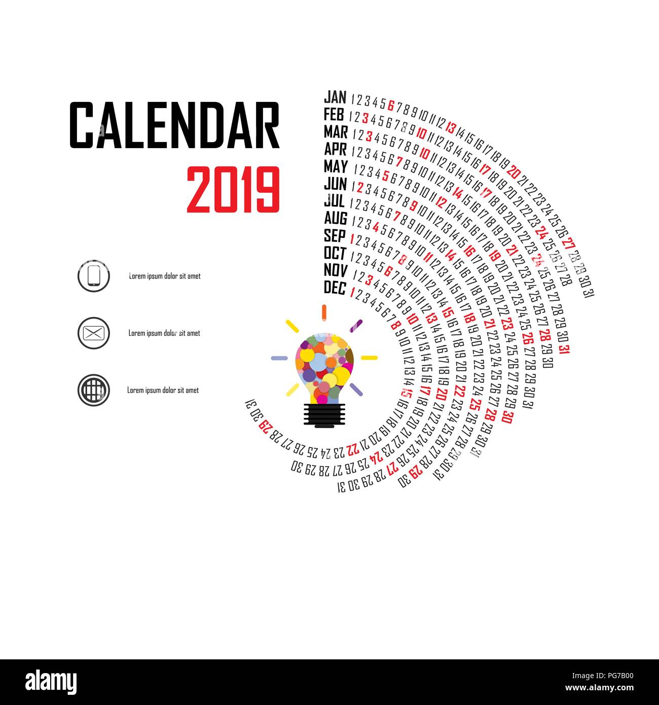 2019 Calendar Template.Spiral calendar.Calendar 2019 Set of 12 Months ...