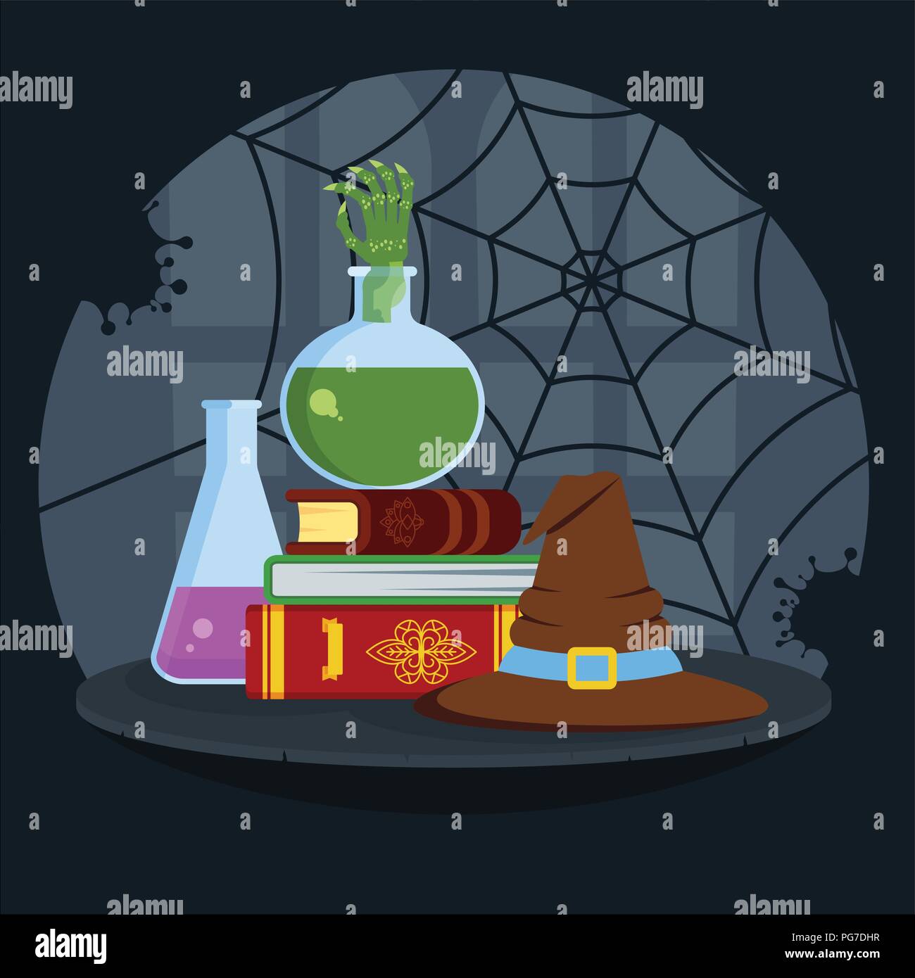 Magical books, poisonous potion and bewitched hat Stock Vector Image ...