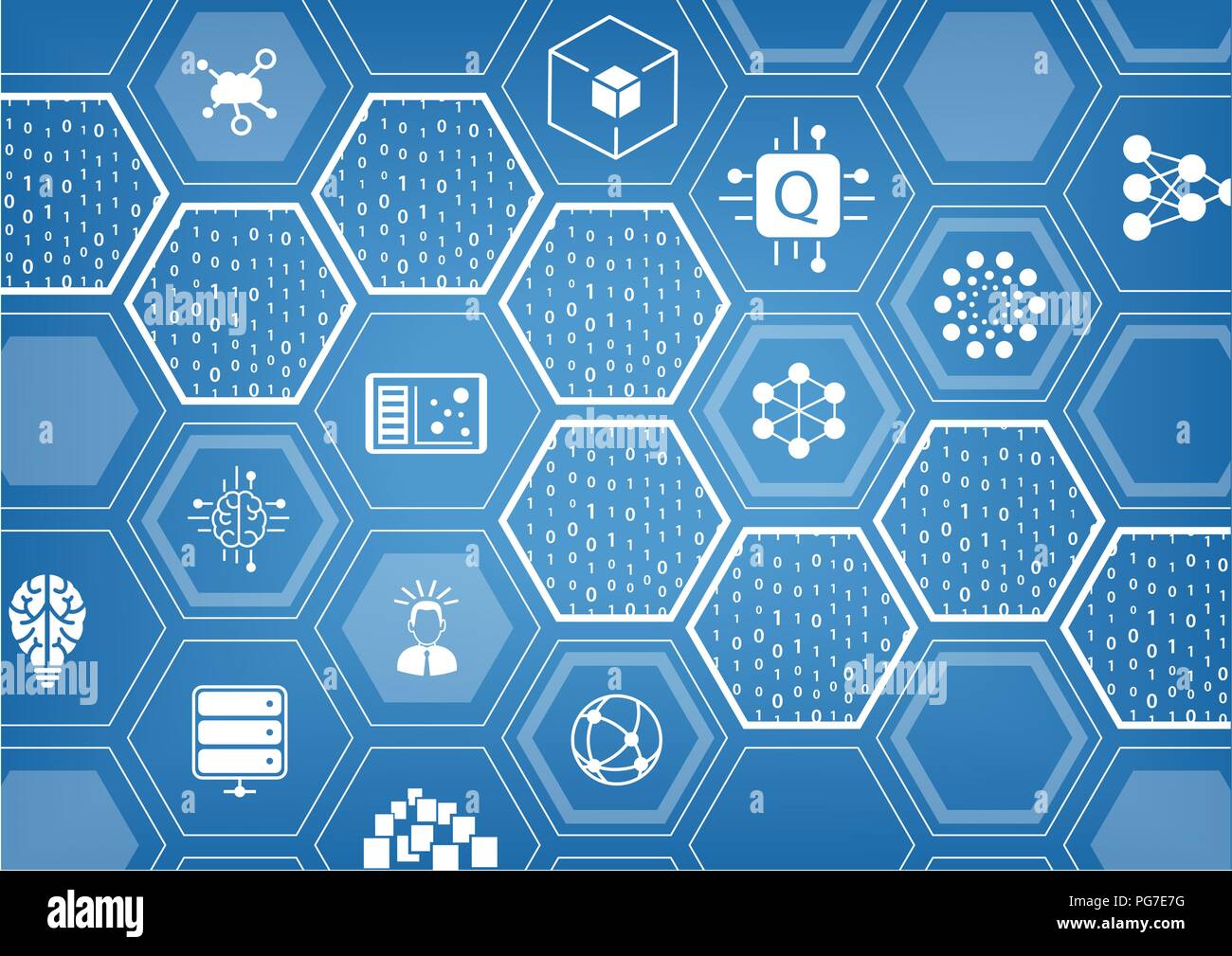 Quantum Computing vector illustration on blue background with hexagonal ...