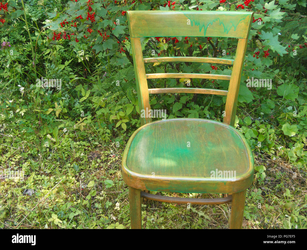 Freshly painted in green old chair in a garden, outside shot Stock ...