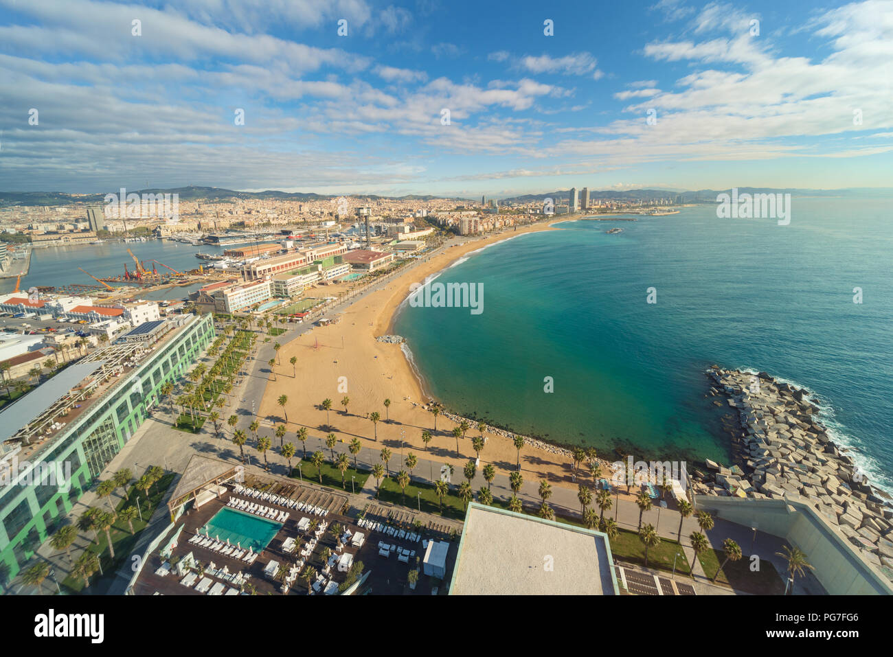 Aerial view of Barcelona Beach in summer day along seaside in Barcelona ...