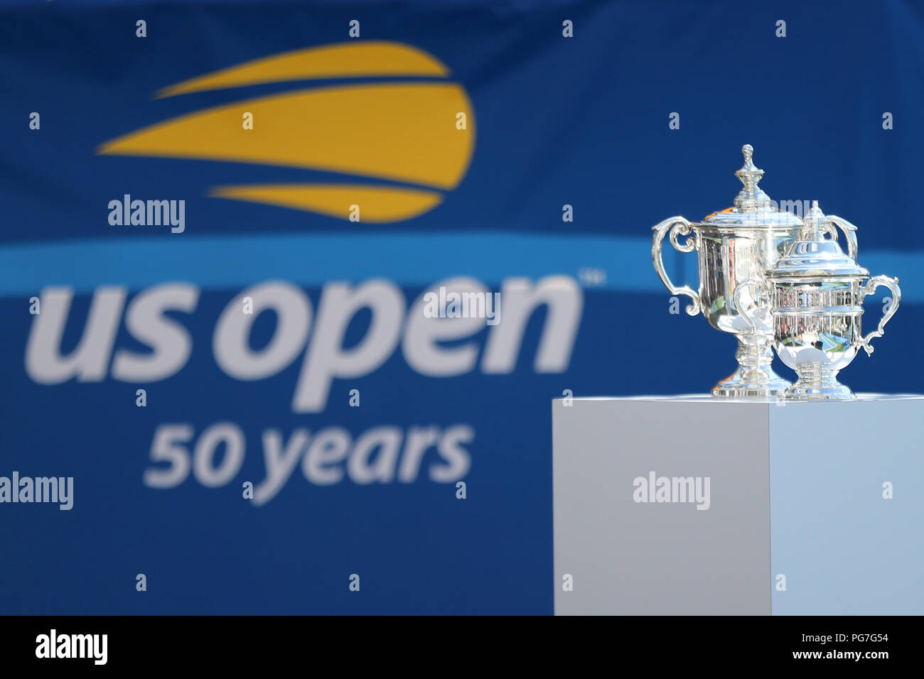 US Open Men's and Women's singles trophies on display during 2018 US ...