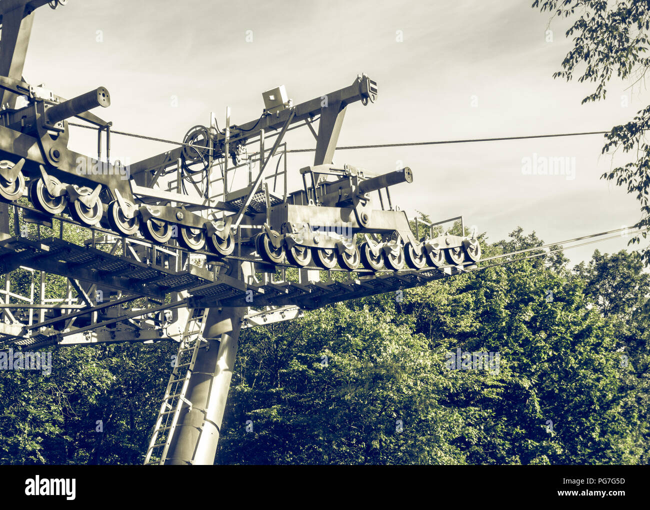 Pulleys in front of the bottom station of a cable car Stock Photo - Alamy