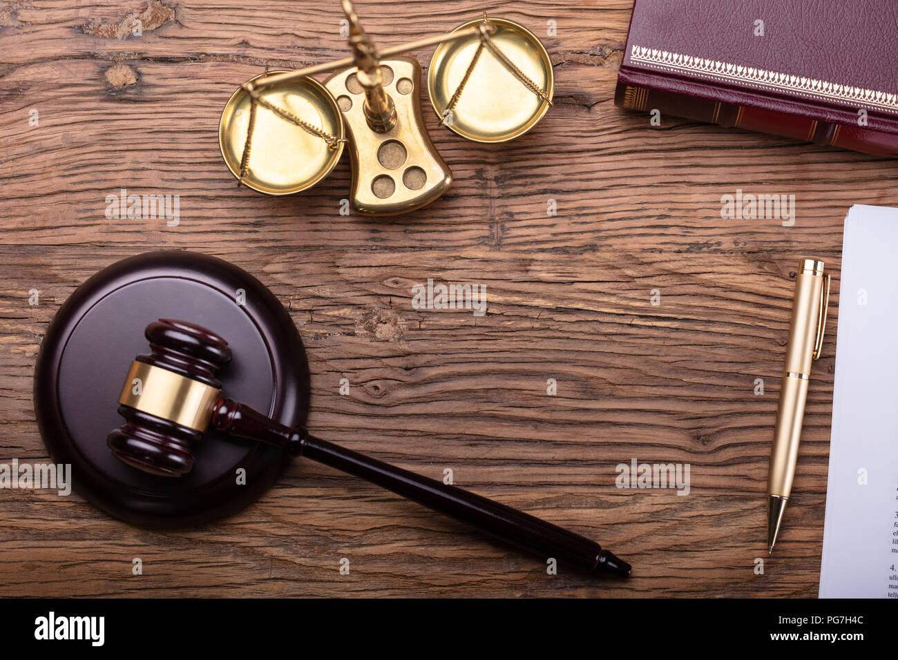 Overhead View Of Judge Desk With Gavel, Justice Scale And Document ...