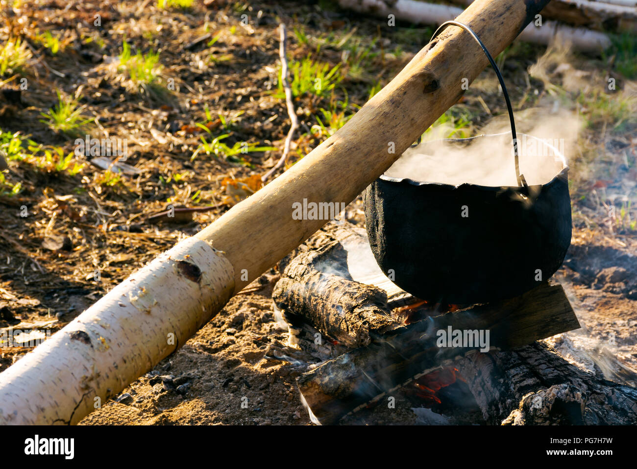 cooking on the fire. camping in the wilderness. healthy food made in ...