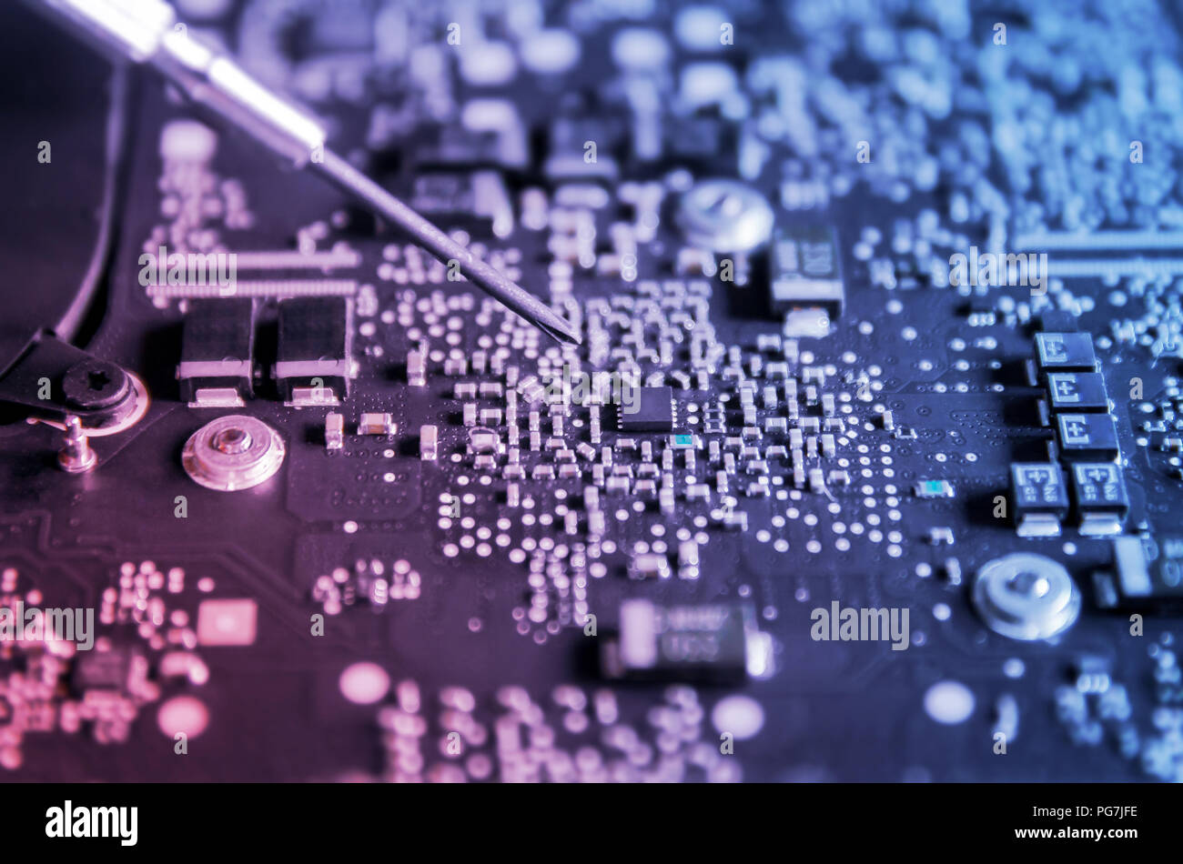 Close-up of circuit board and electronic computer hardware, Repairing ...