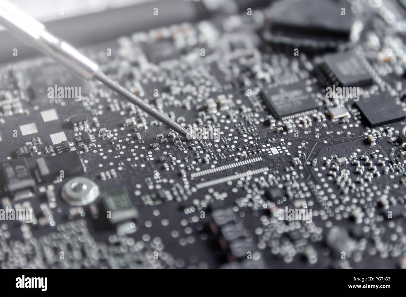 Close-up of circuit board and electronic computer hardware, Repairing ...